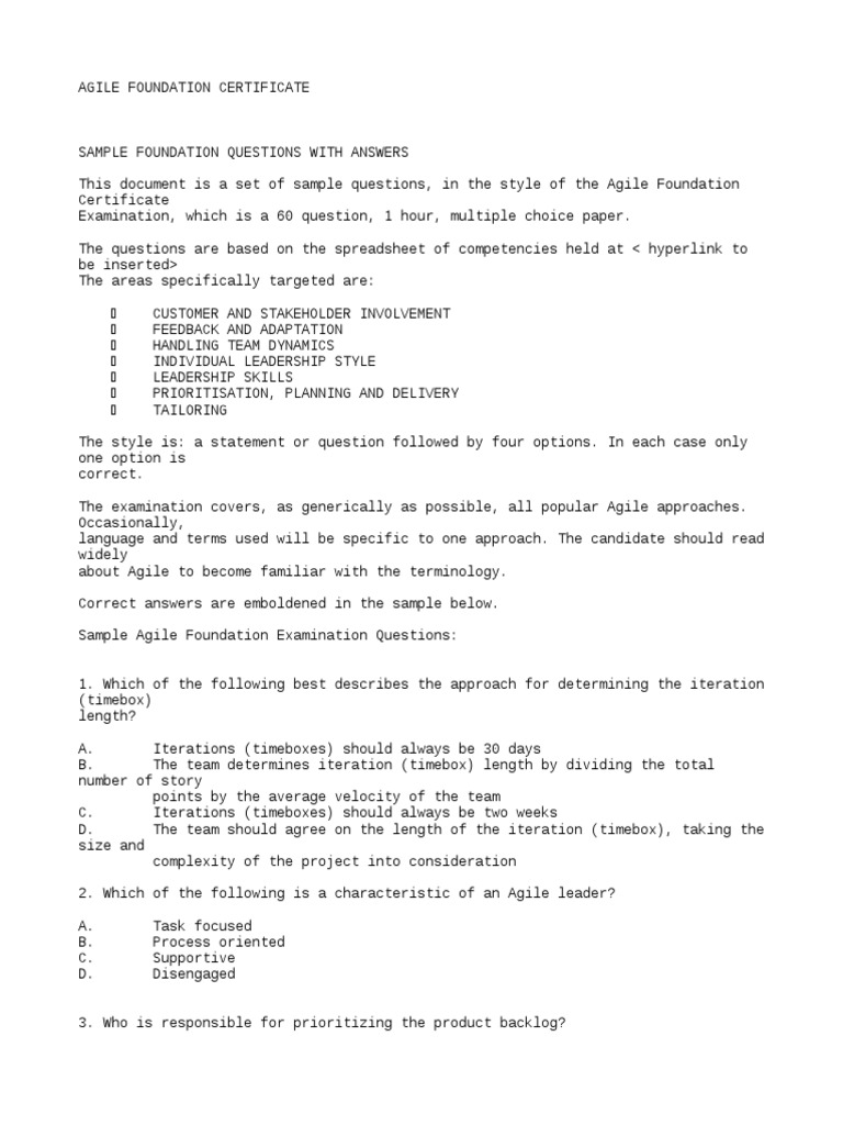 Agile Foundation Exam Sample Questions | PDF | Agile Software ...