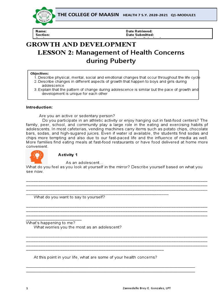Growth and Development Lesson 2: Management of Health Concerns During ...