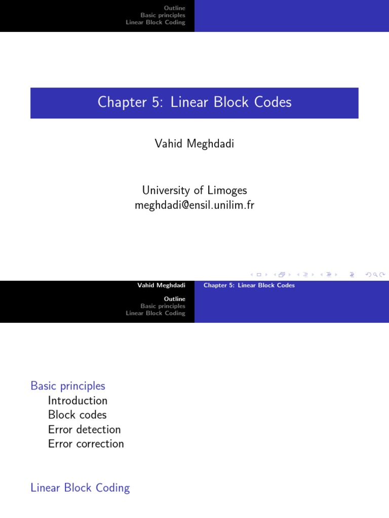 Chapter 5 Linear Block Codes Vahid Meghdadi Pdf Linear Algebra Error Detection And