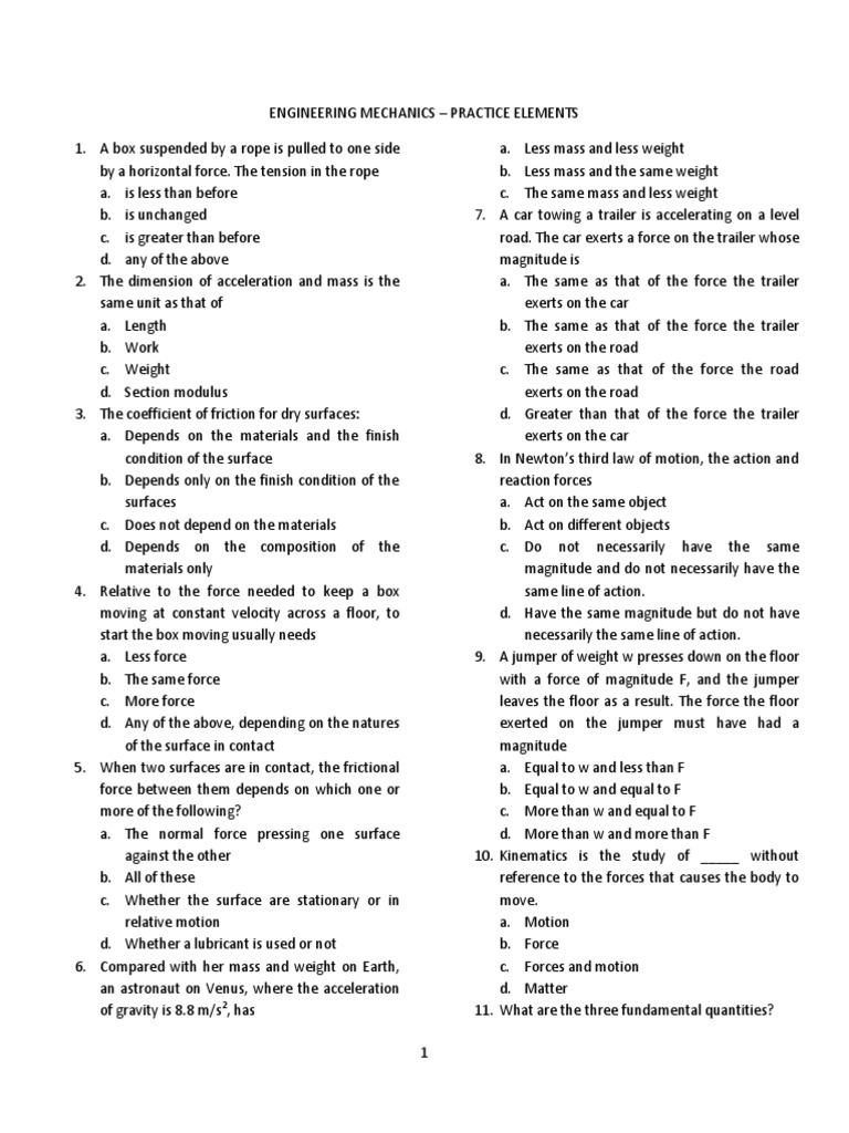 Engineering Mechanics Practice Questions | PDF | Acceleration | Force