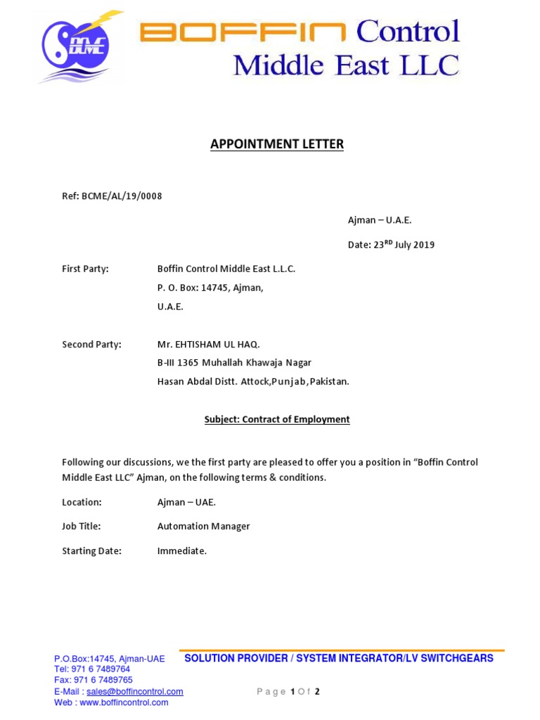 Appointment Letter: Subject: Contract of Employment | PDF | Employment ...