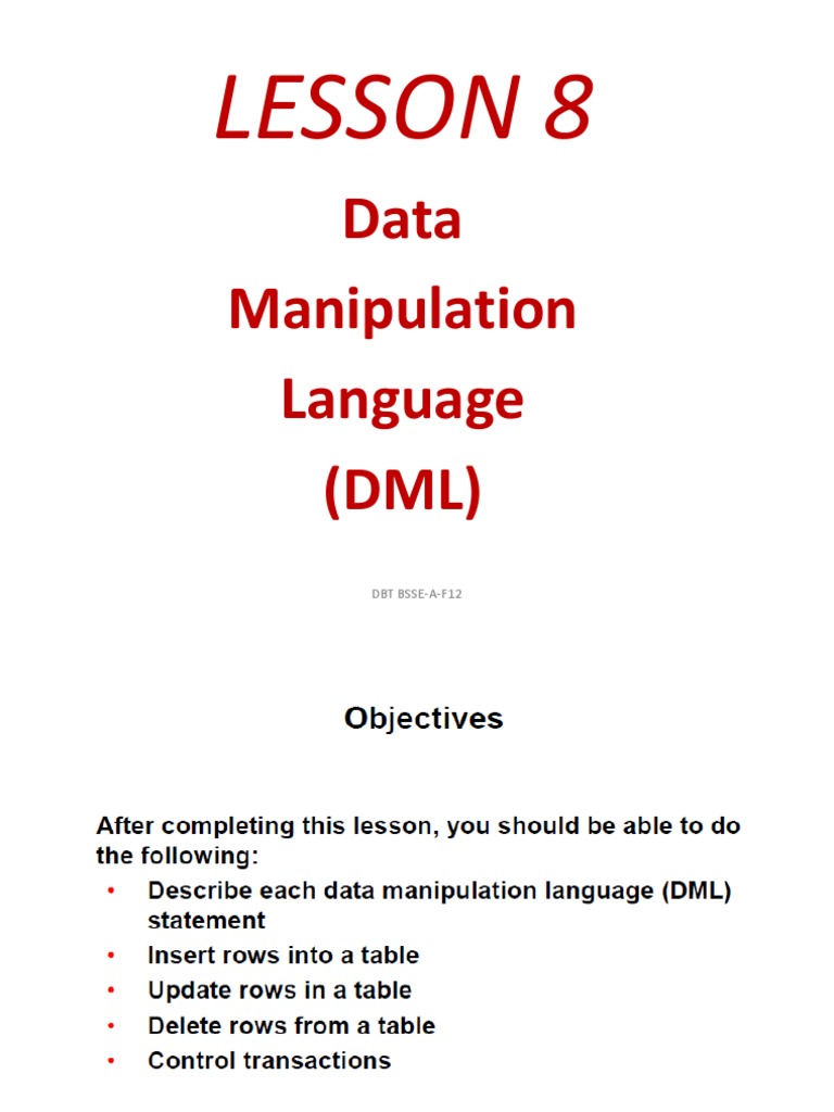 Lesson 8: Data Manipulation Language (DML) | PDF | Data Management | Databases