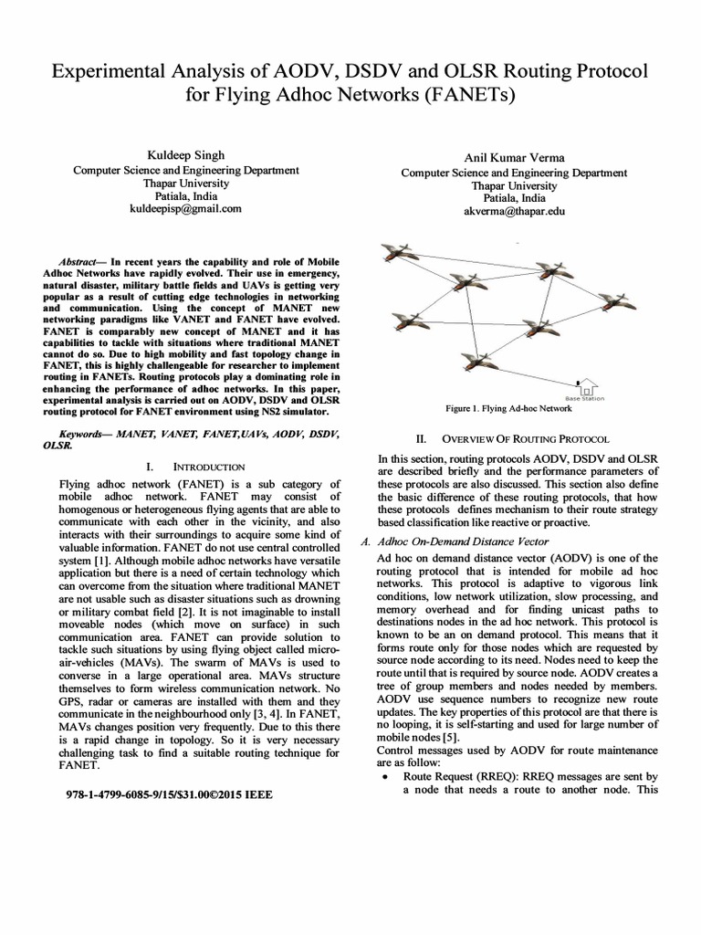 Experimental Analysis of Aodv, DSDV and Olsr Routing Protocol For Flying Adhoc Networks (F Anets ...