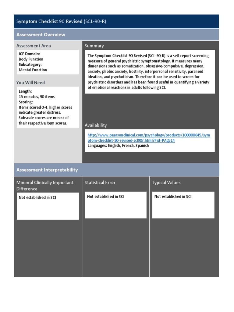 Assessment Overview: Symptom Checklist 90 Revised (SCL-90-R) | PDF ...