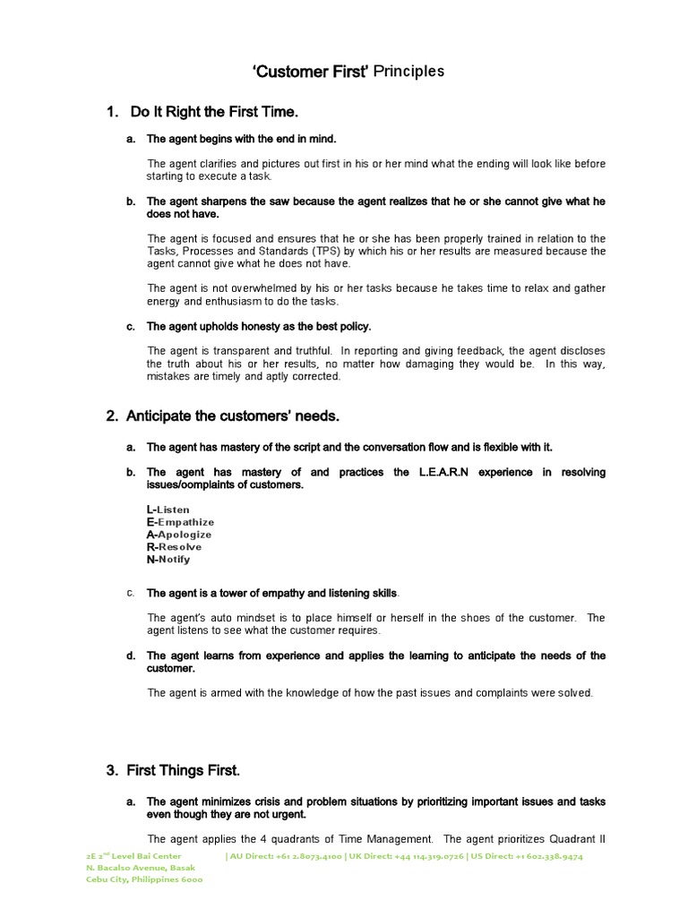 Customer First' Principles: 1. Do It Right The First Time | PDF ...