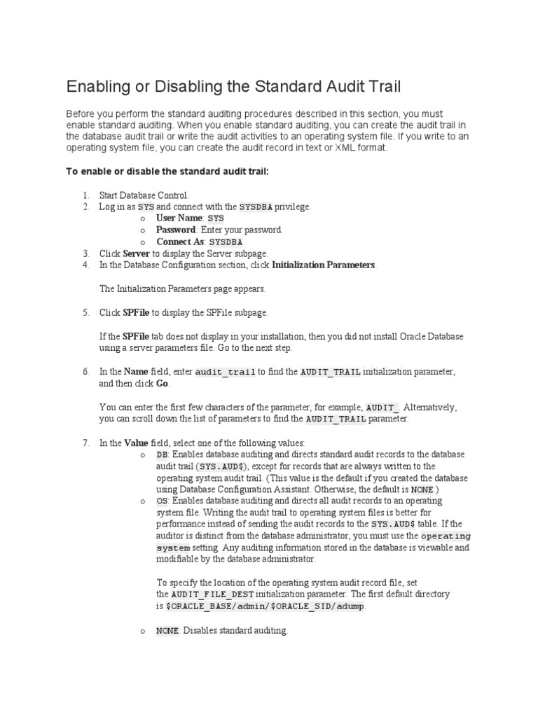 To Enable or Disable The Standard Audit Trail | PDF | Xml | Databases