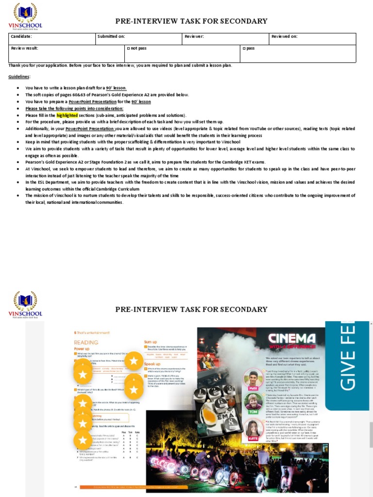 Pre-Interview Task For Secondary: Guidelines | PDF | Lesson Plan | Applied Psychology