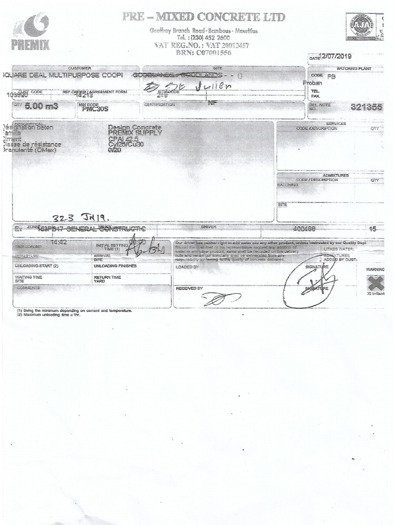 Premix Concrete Delivery Note PDF | PDF