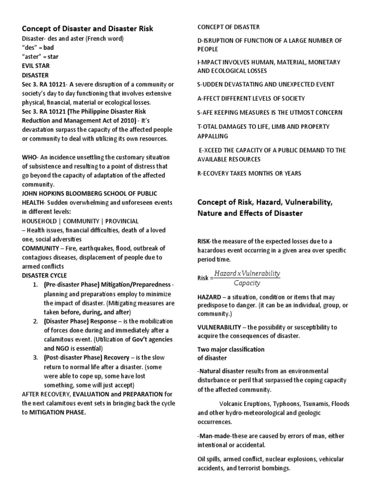 Concept of Disaster and Disaster Risk: Hazard X Vulnerability Capacity ...