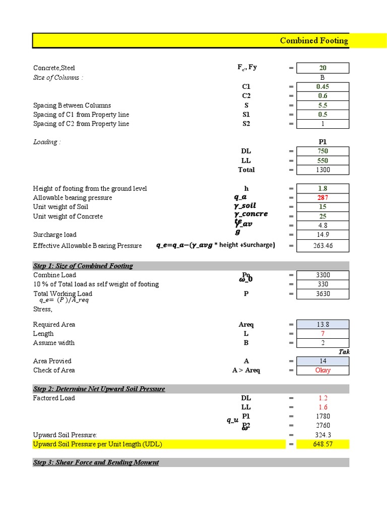 Combined Footing Design Calculations | PDF | Bending | Continuum Mechanics
