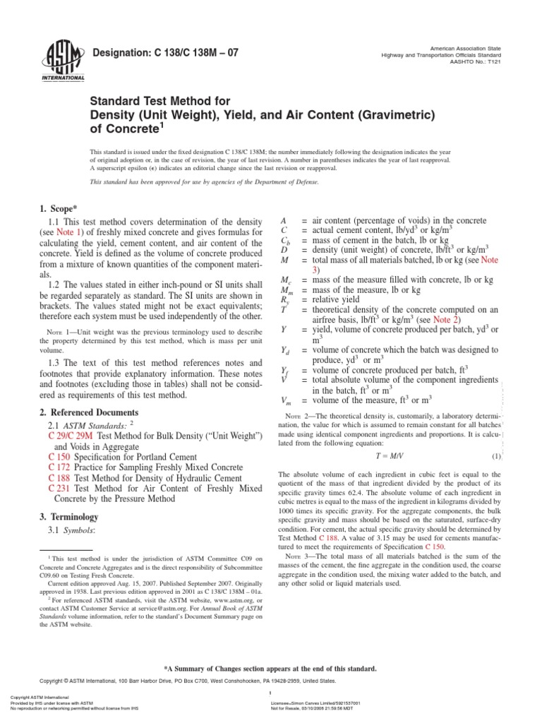 004-Astm C 138 2007 Density (Unit Weight), Yield, and Air Content ...