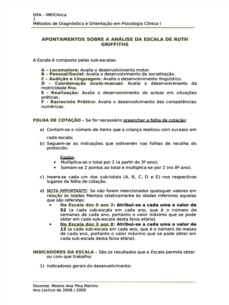 PDF Apontamentos Sobre A Analise Da Escala de Ruth Griffiths DL | PDF ...