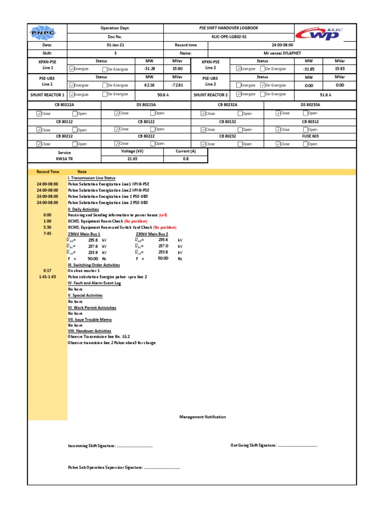 01-Jan-2020 Shift C Logbook Operator Pakse - 0-8 | PDF | Electrical ...