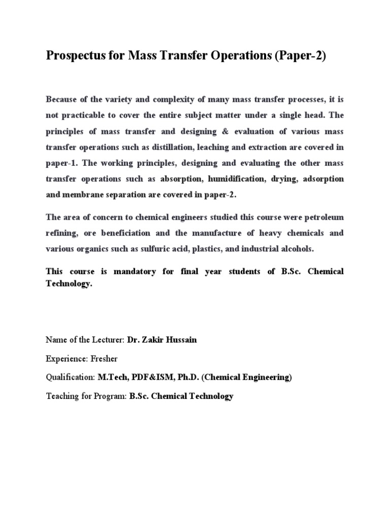 Prospectus For Mass Transfer Operations-2 | PDF