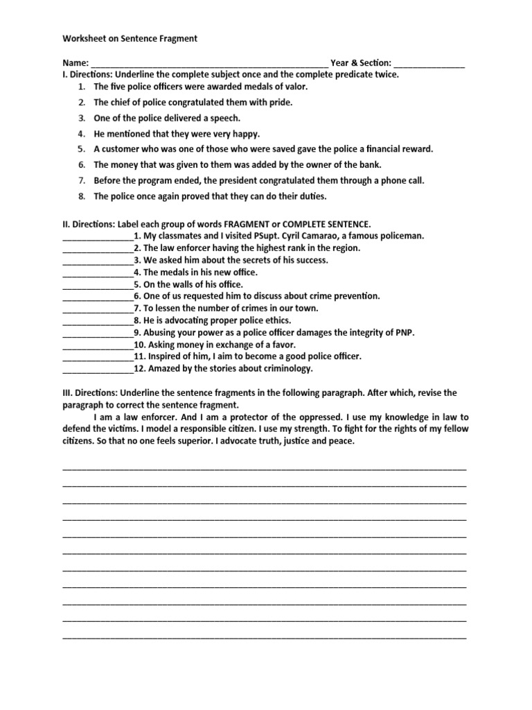 Sentence Fragment Worksheet for Students | PDF | Police | Criminology