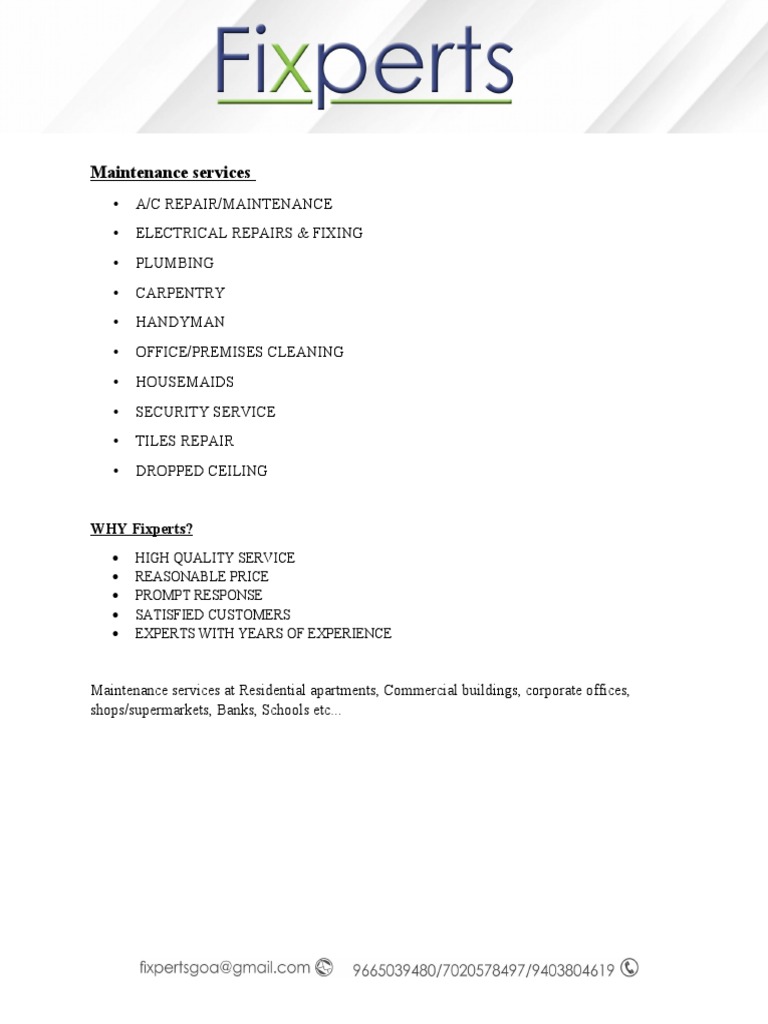 Maintenance Services: WHY Fixperts? | PDF | Disinfectant | Supermarket