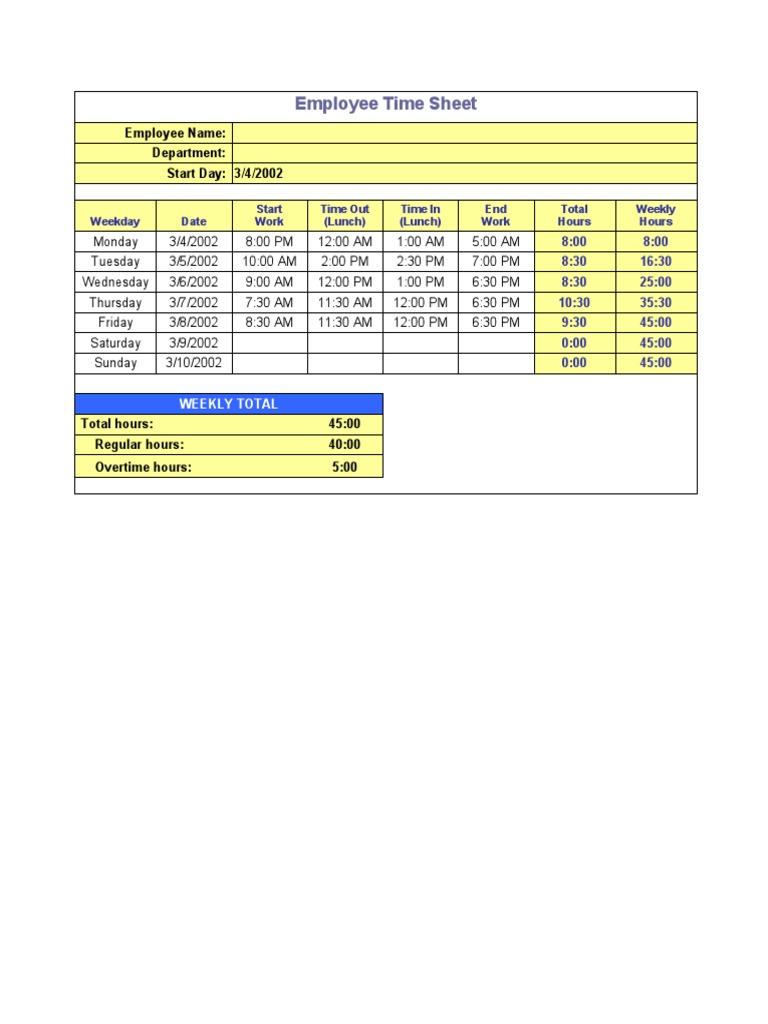 Weekly Employee Time Sheet Template | PDF