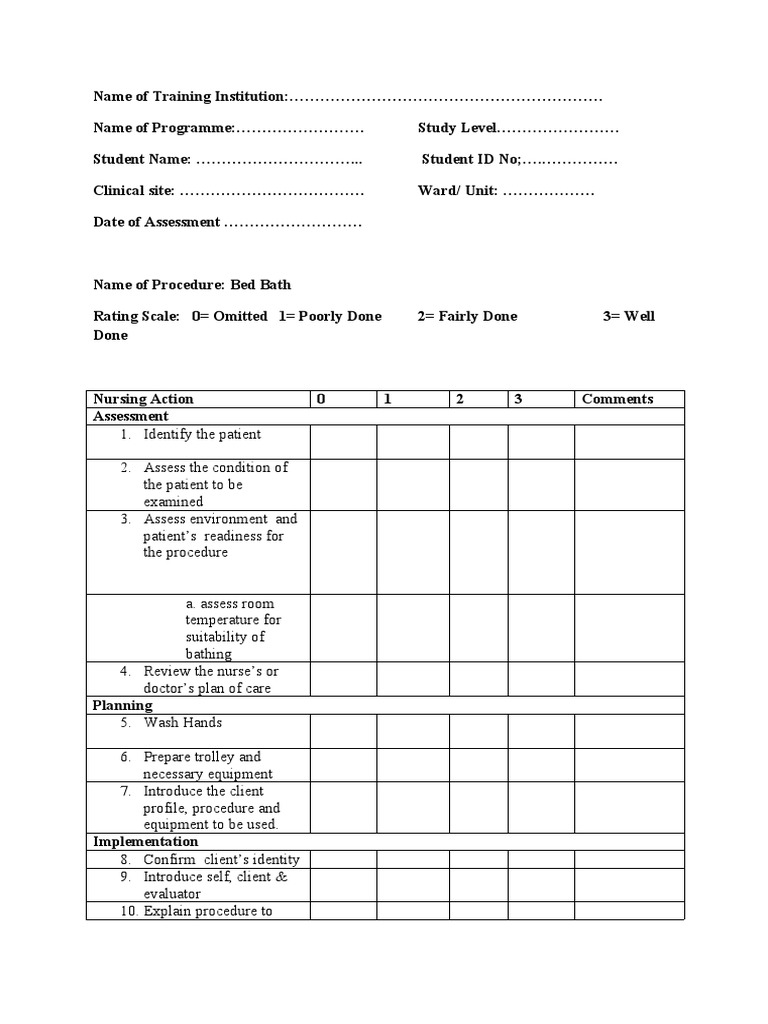 Bed Bath Procedure Assessment Form: Evaluating a Student Nurse's ...