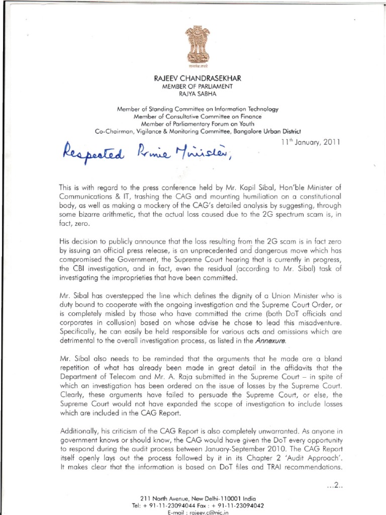 Rajya Sabha MP Rajeev Chandrasekhar's Letter to the PM