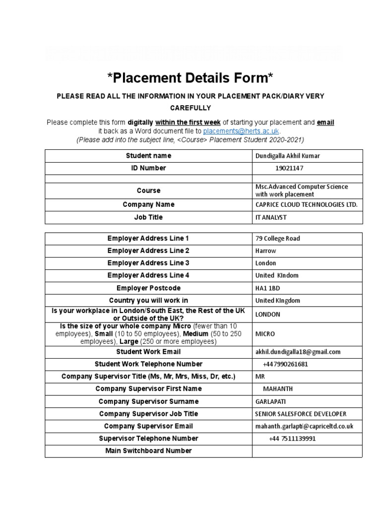 Placement Details Form : (Please Add Into The Subject Line, Placement ...