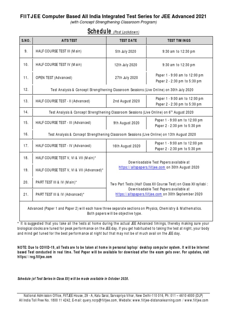 FIITJEE Computer Based JEE Advanced Test Series Schedule | PDF ...