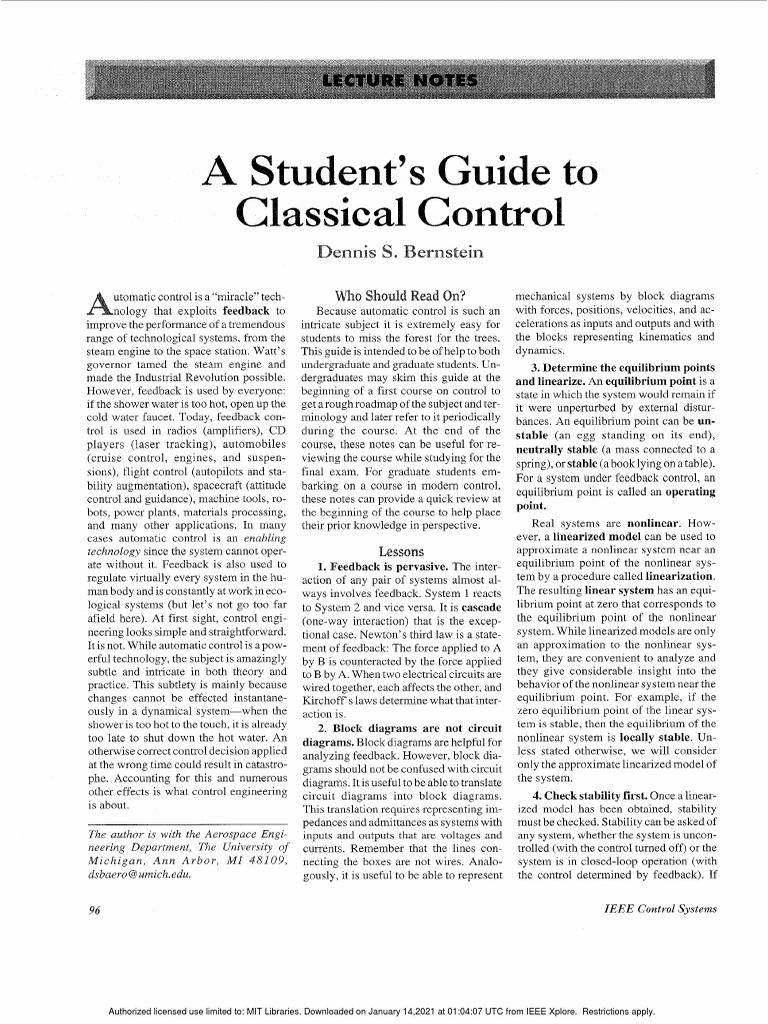 Students Guide To Classical Control | PDF | Control Theory | Stability ...