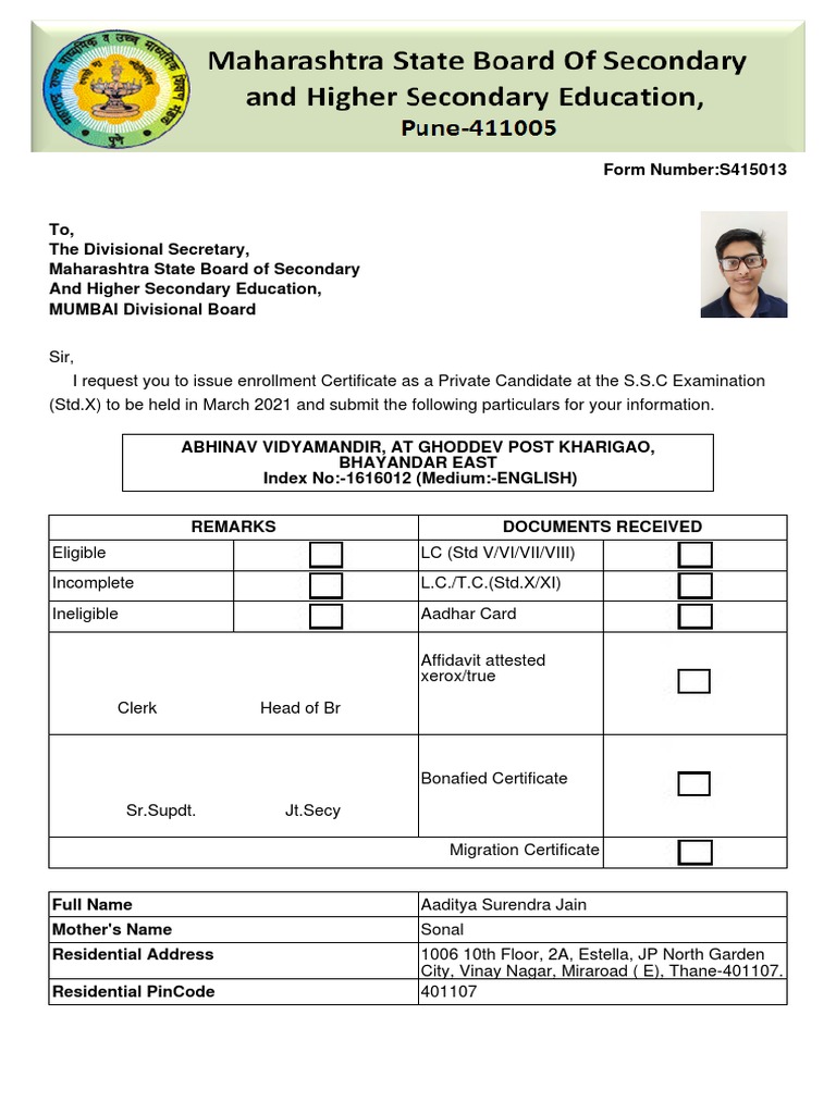 Request for Enrollment Certificate and Private Candidate Application ...