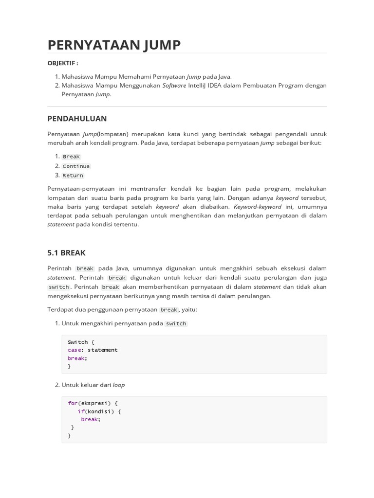 Pernyataan Jump Java: Break, Continue, Return | PDF | Komputer