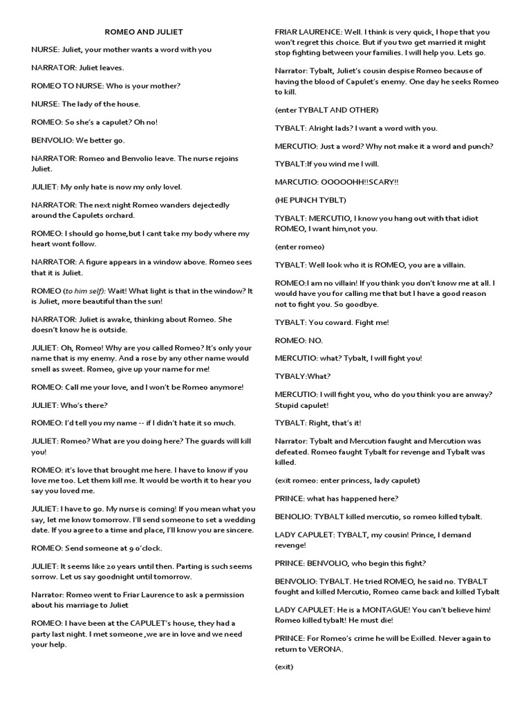 Romeo and Juliet: A Short Script | PDF | Characters In Romeo And Juliet ...