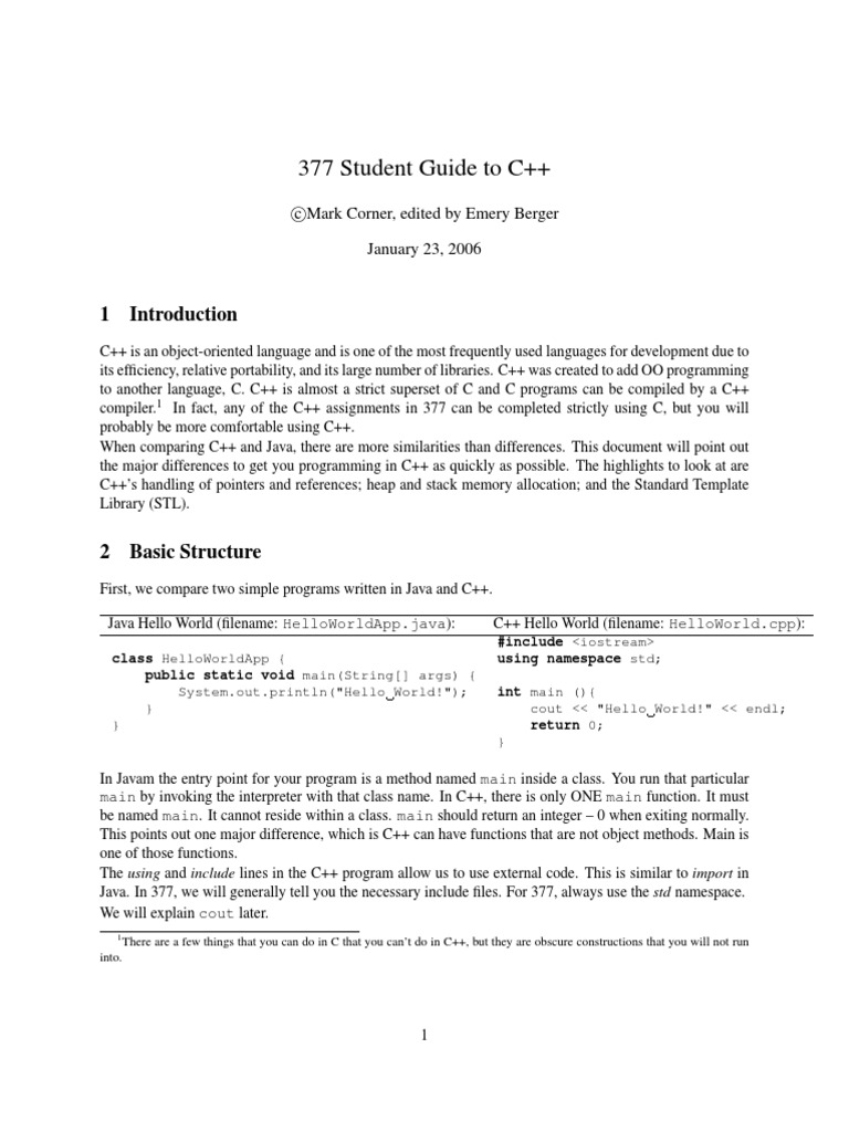 377 Student Guide To C++: C Mark Corner, Edited by Emery Berger January ...