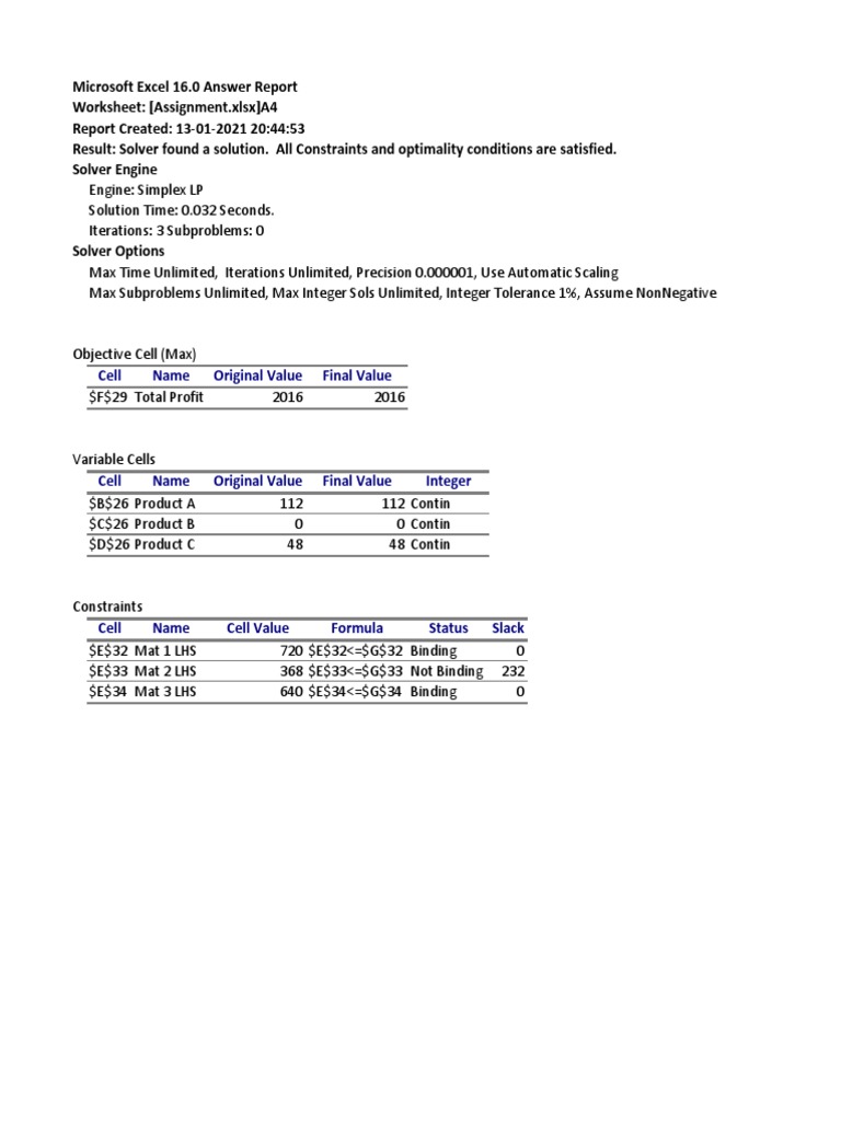 Excel Solver Report: Optimal Solution Found | PDF