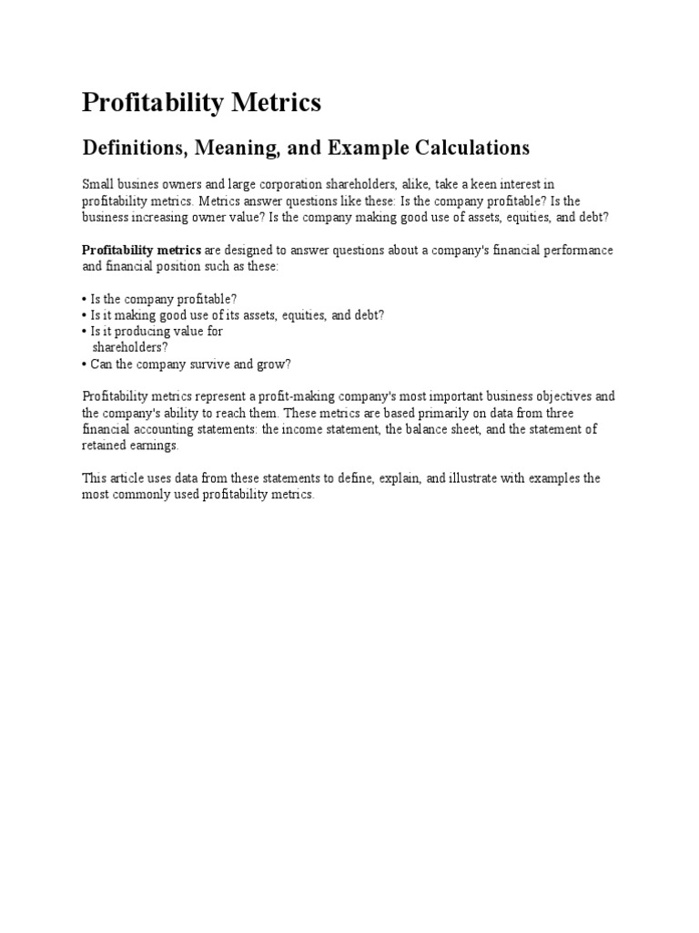 Profitability Metrics: Definitions, Meaning, and Example Calculations | PDF