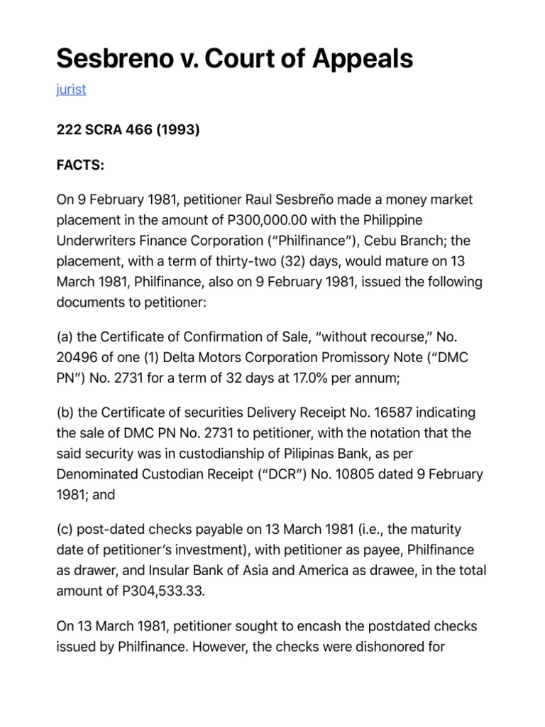 Sesbreno v. Court of Appeals: Jurist | Download Free PDF | Negotiable ...