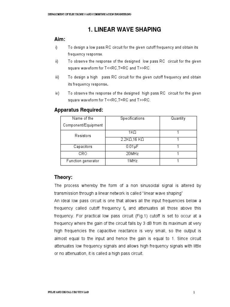 Pulse and Digital Circuits Lab 1 PDF | PDF | Low Pass Filter | Digital ...