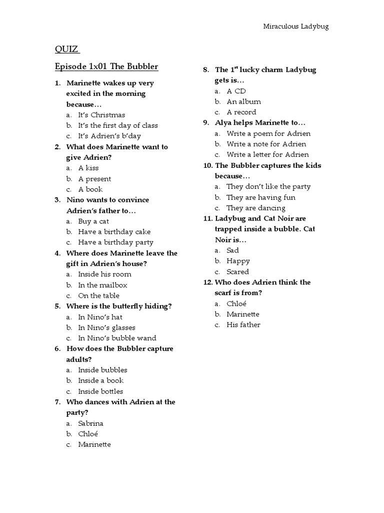 Quiz Episode 1x01 The Bubbler: Miraculous Ladybug | PDF