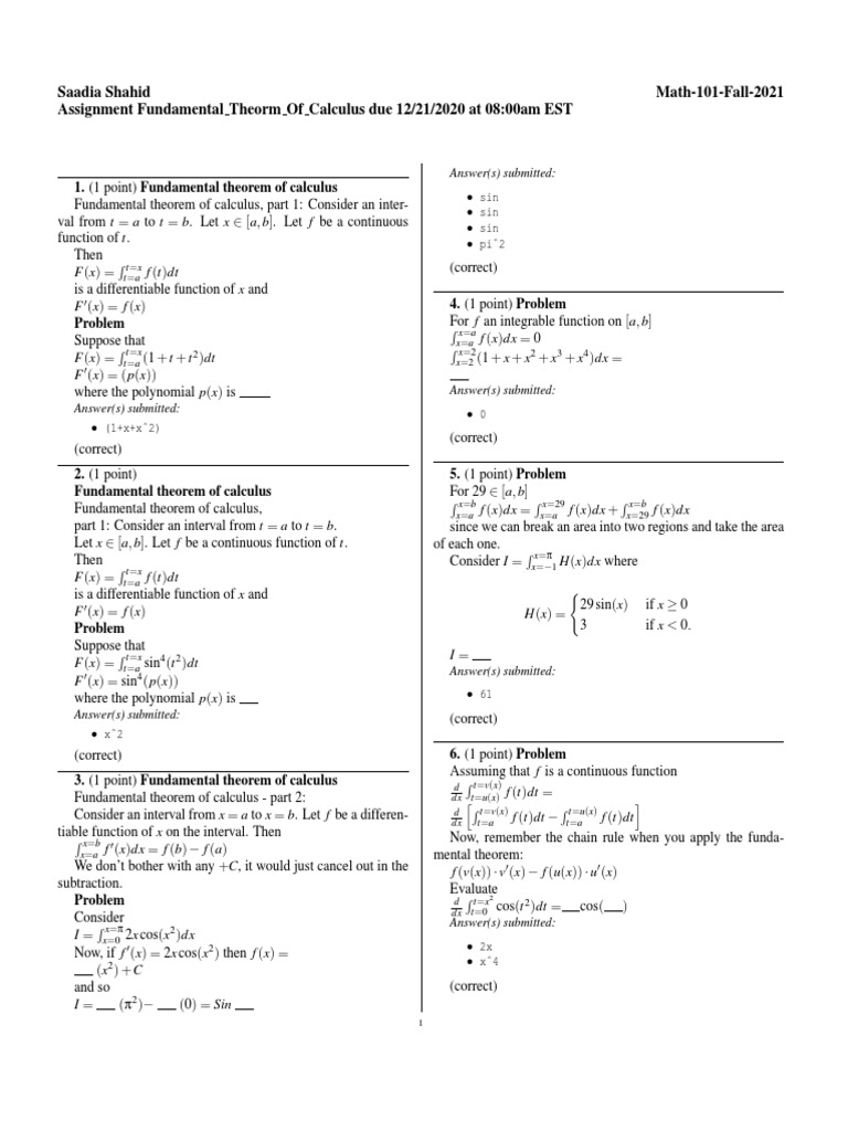 Saadia Shahid Math-101-Fall-2021 Assignment Fundamental Theorm of Calculus Due 12/21/2020 at 08 ...