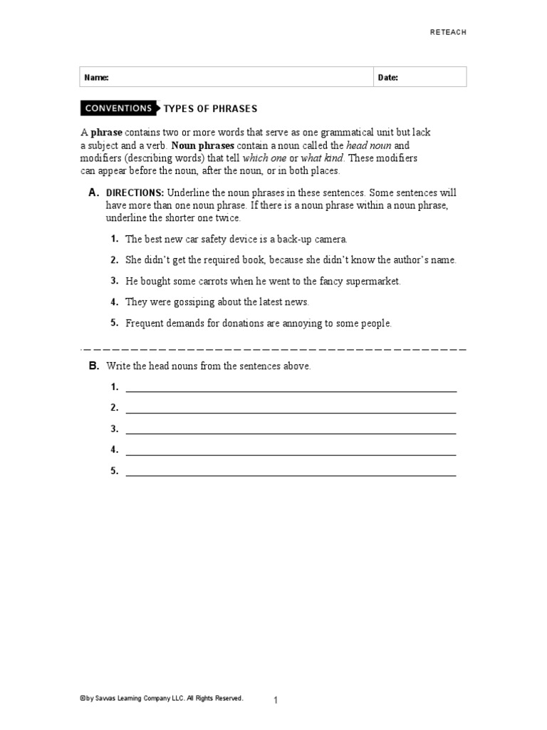Types of Phrases: Name: Date | PDF | Phrase | Noun