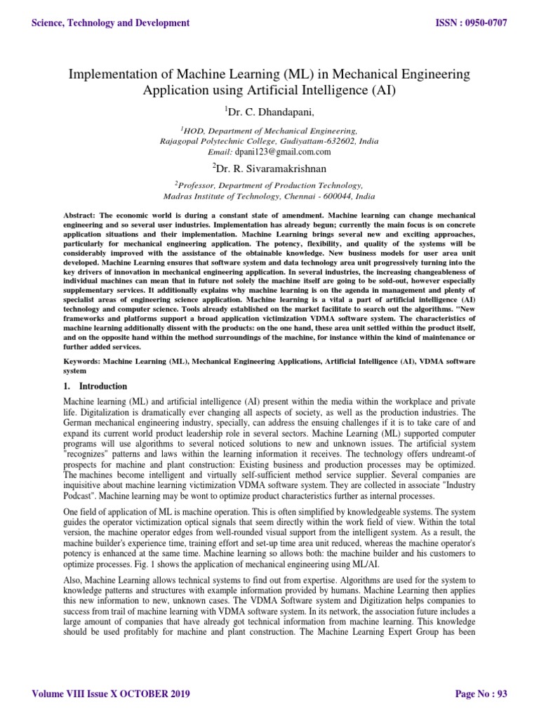Implementation of Machine Learning (ML) in Mechanical Engineering | PDF ...