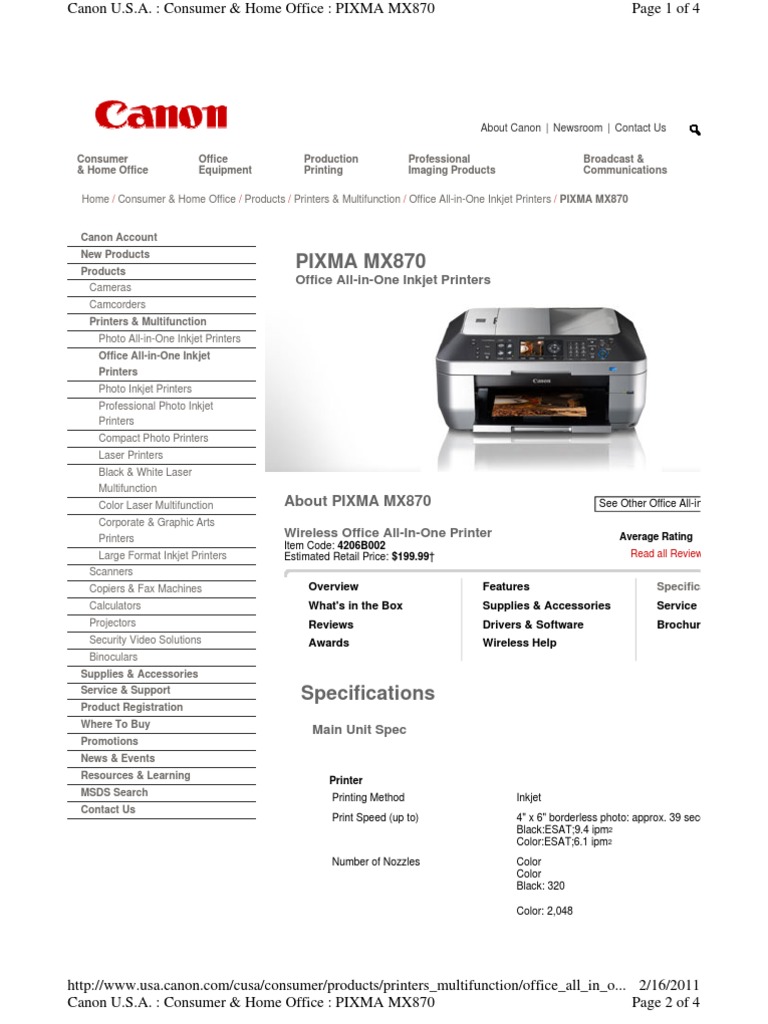 Pixma Mx870: Office All-in-One Inkjet Printers | PDF | Fax | Image Scanner