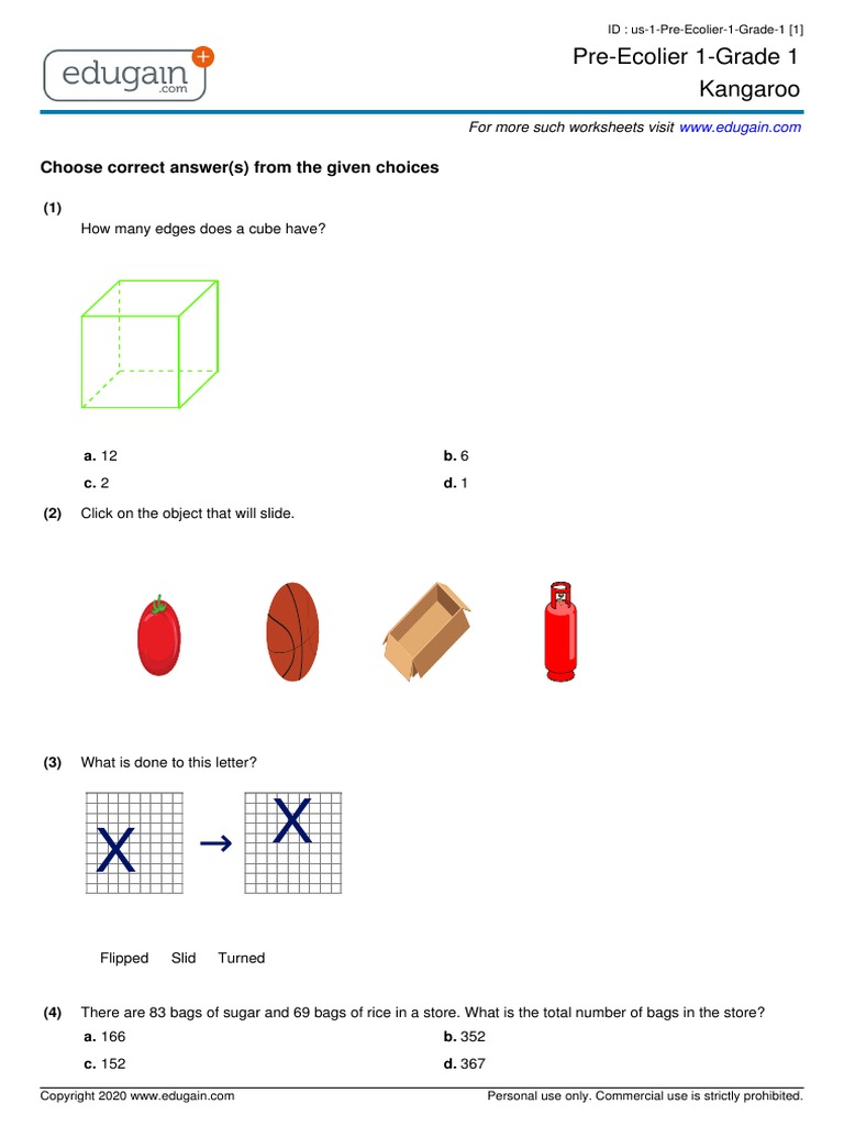 Pre-Ecolier 1-Grade 1 Kangaroo: Choose Correct Answer(s) From The Given ...