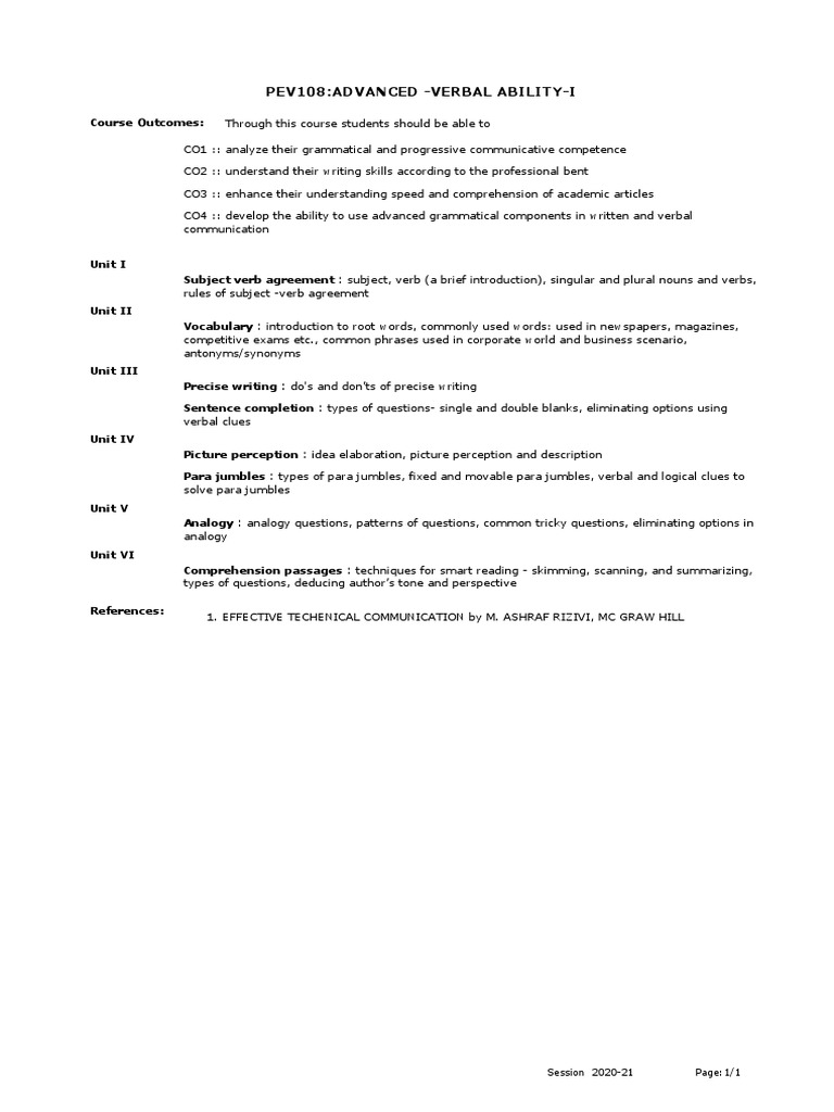 Advanced Verbal Ability Syllabus | PDF | Computers