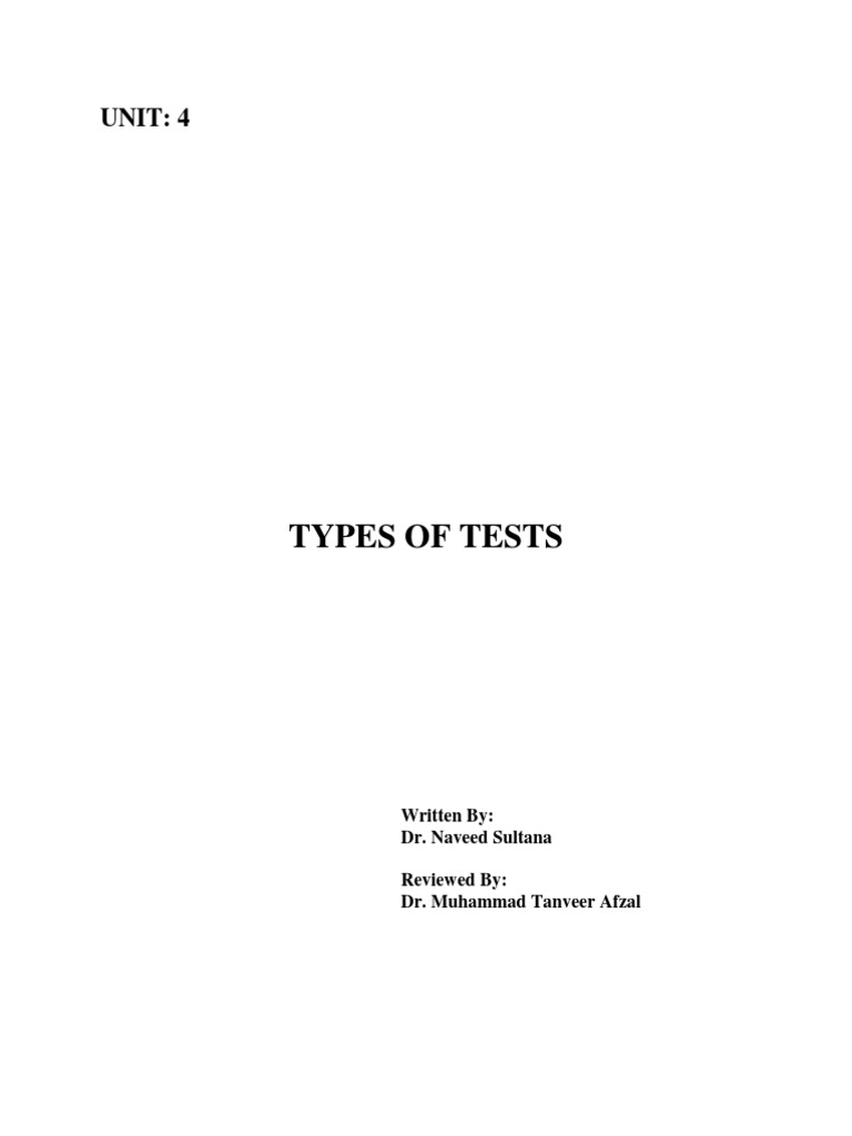 Types of Tests: Unit: 4 | PDF | Multiple Choice | Test (Assessment)