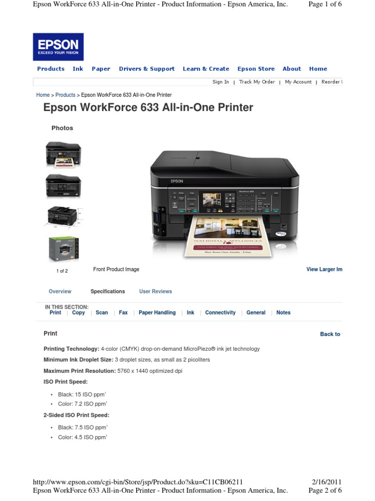 Epson Workforce 633 - Spec | PDF | Image Scanner | Printer (Computing)