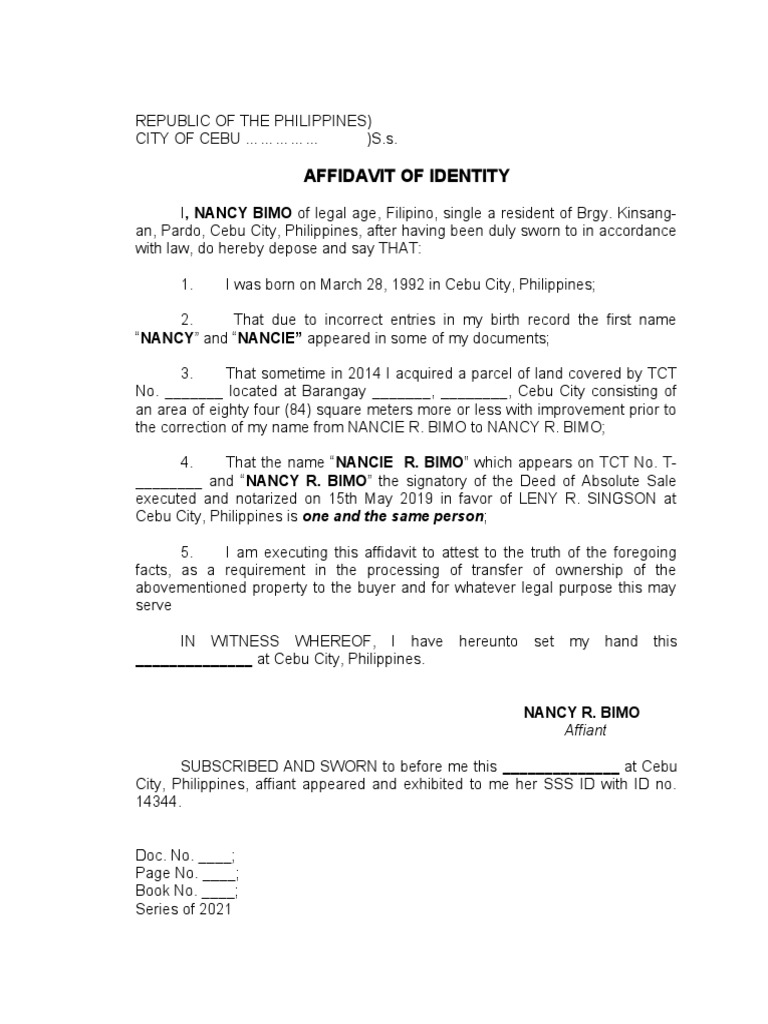 Affidavit of Identity - Sample | PDF