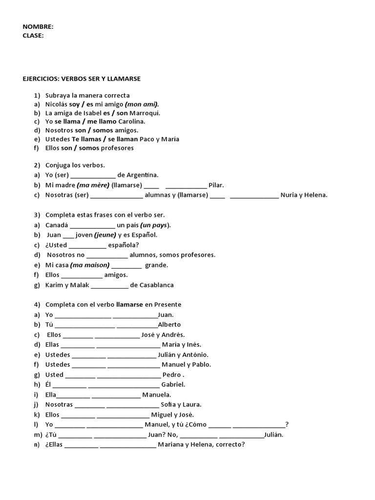 Ejercicios Con Verbos Ser y Llamarse Comprension Lectora Ejercicios de ...