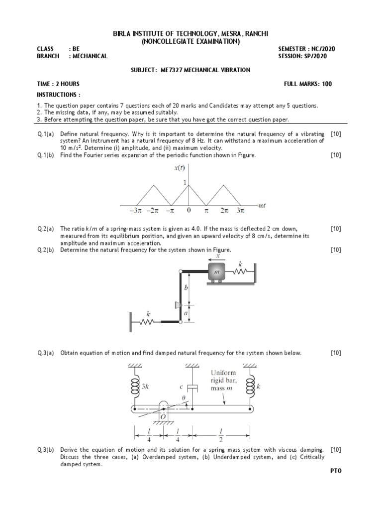 ME7327 MECHANICAL VIBRATION Question Paper | PDF | Motion (Physics) | Metrology