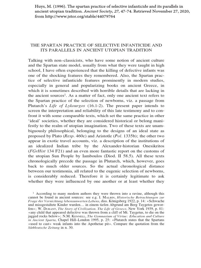The Spartan Practice of Selective Infanticide and Its Parallels in ...