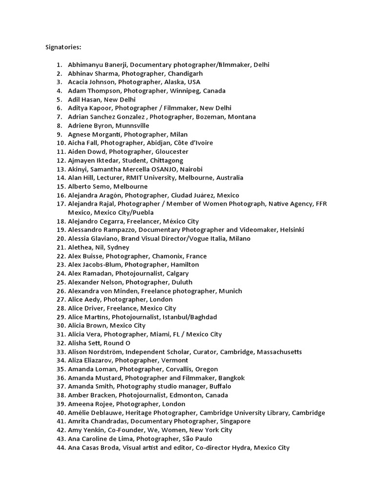 List of Signatories | PDF | Photographer