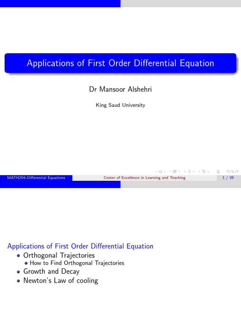 Applications of First Order Differential Equation: DR Mansoor Alshehri ...