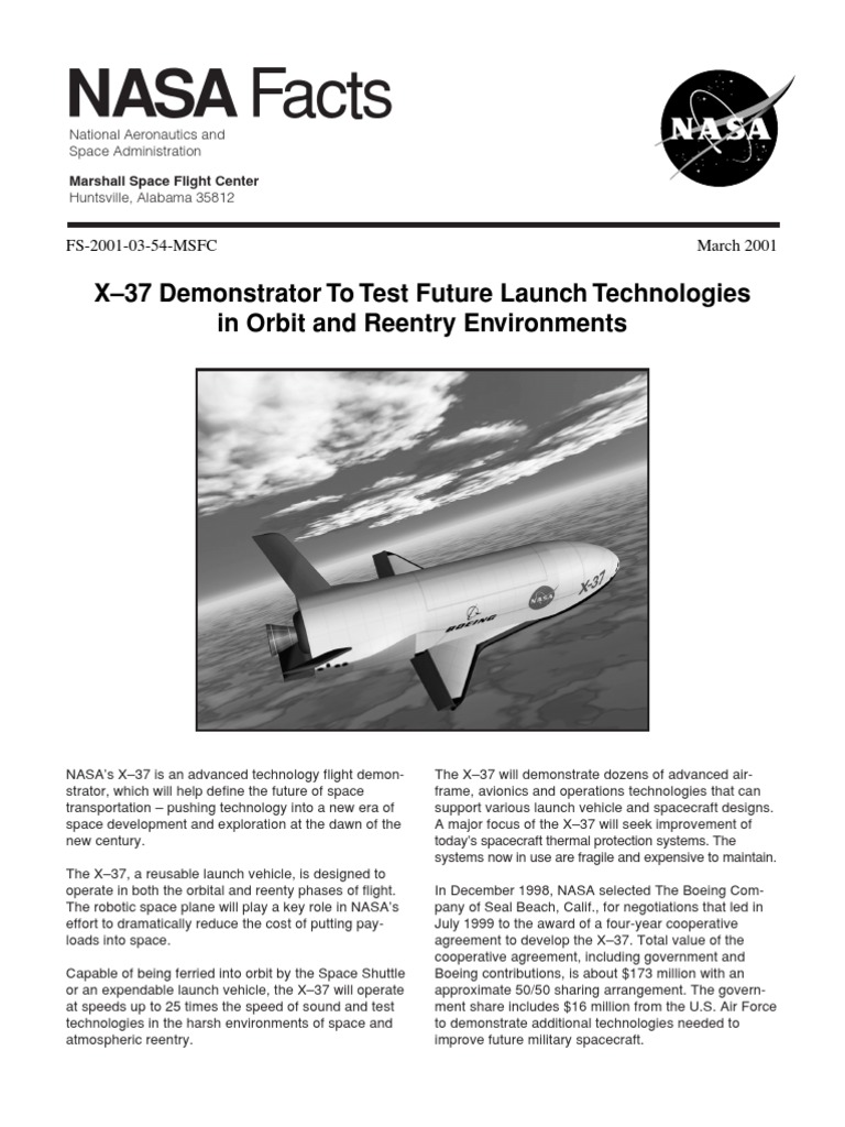 NASA Facts X-37 Demonstrator To Test Future Launch Technologies in ...